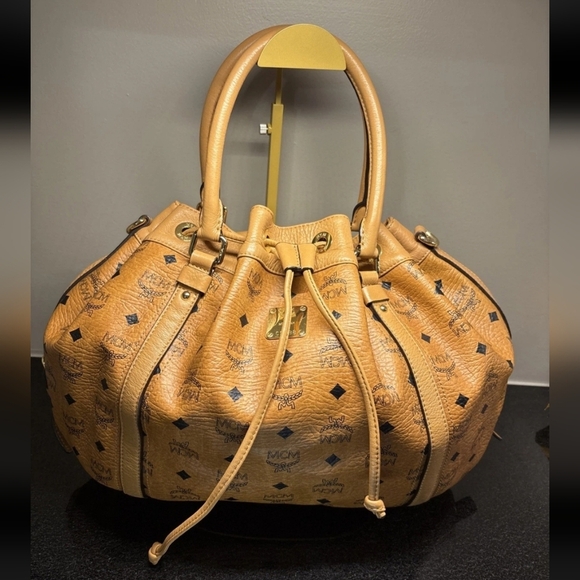 MCM | Bags | Authentic Mcm Brown Logo Shoulder Bucket Crossbody Handbag ...